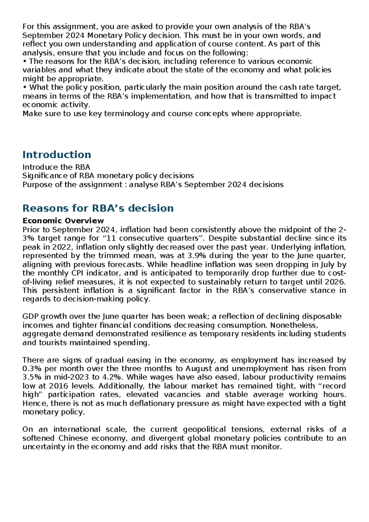 Analysis of RBA's September 2024 Monetary Policy Decision (ECO 301 ...