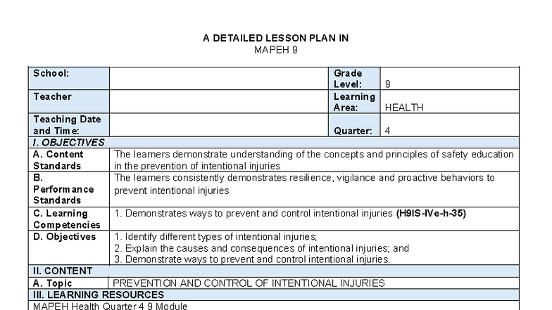 Health 9 COT Q4 Week 7-8: Lesson Plan on Intentional Injury Prevention ...