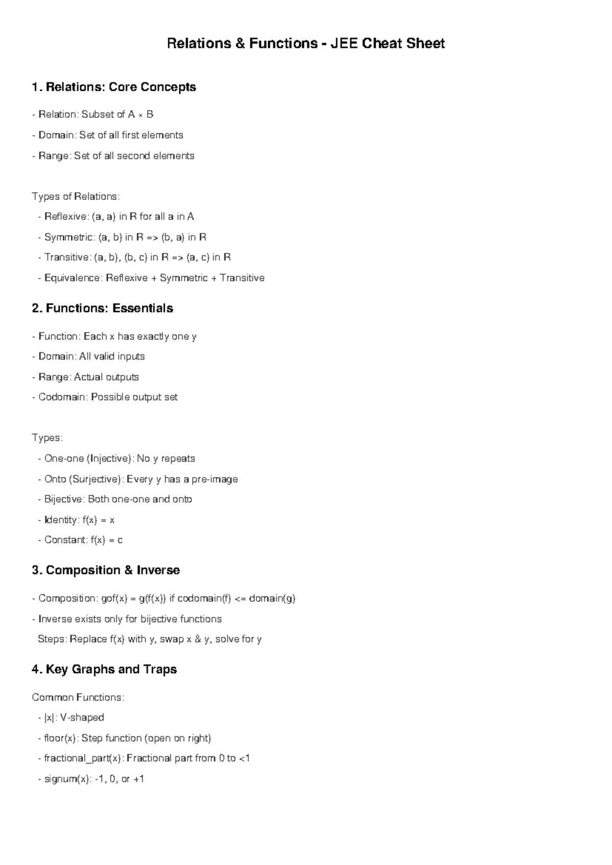 JEE Relations & Functions Cheat Sheet: Key Concepts & Types - Studocu