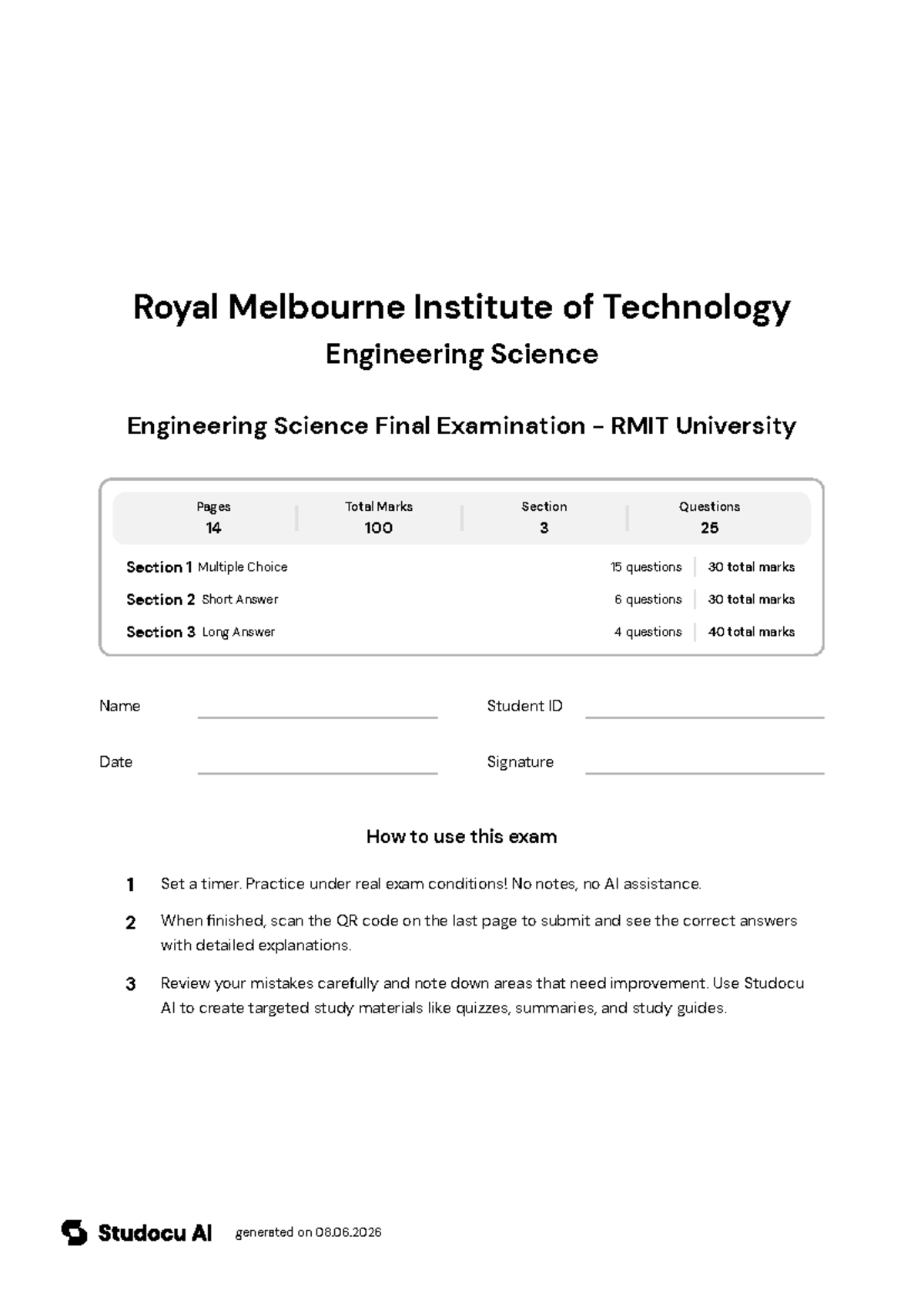 Engineering Science Final Exam - OENG1208 - Studocu