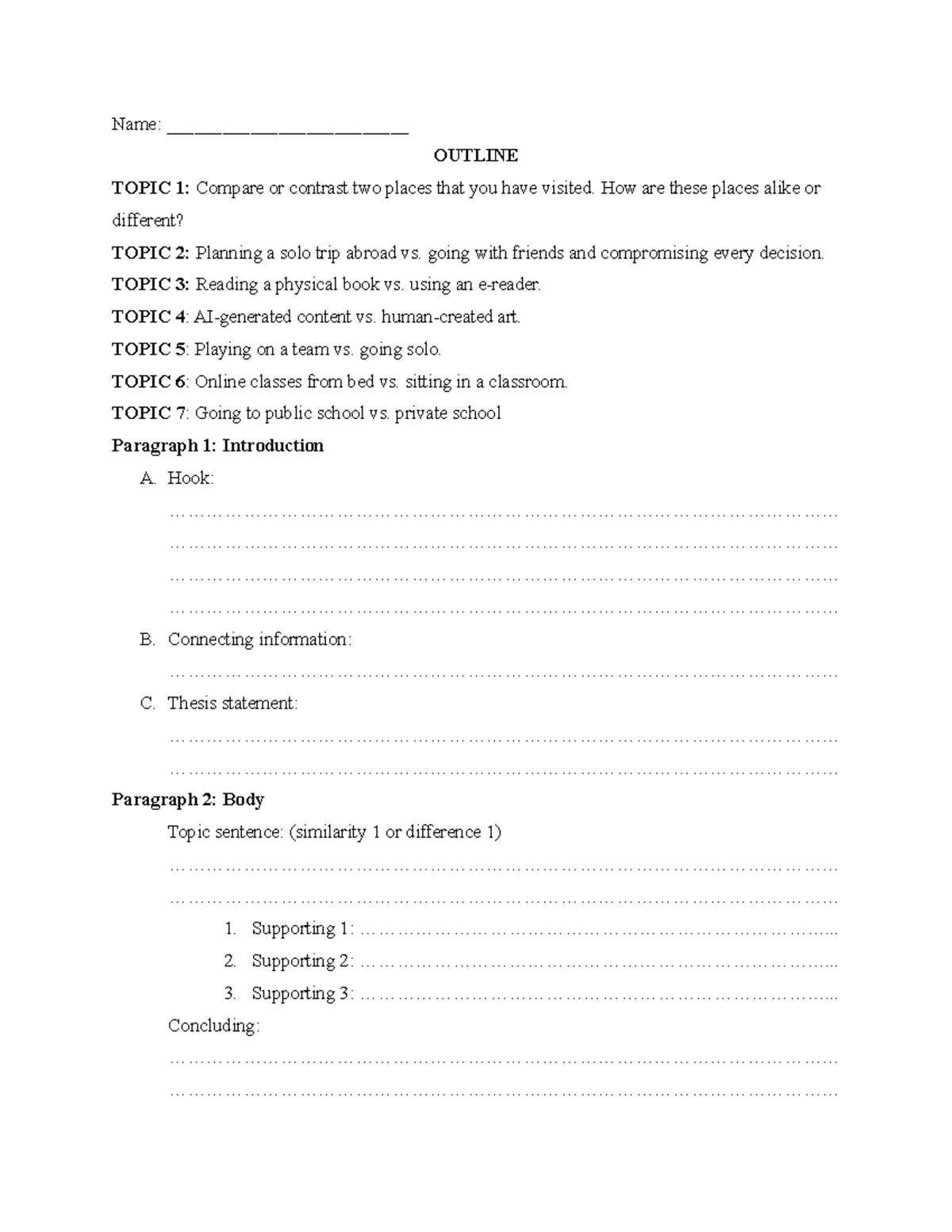 Writing 4: Outline for Compare and Contrast Essay Topics - Studocu