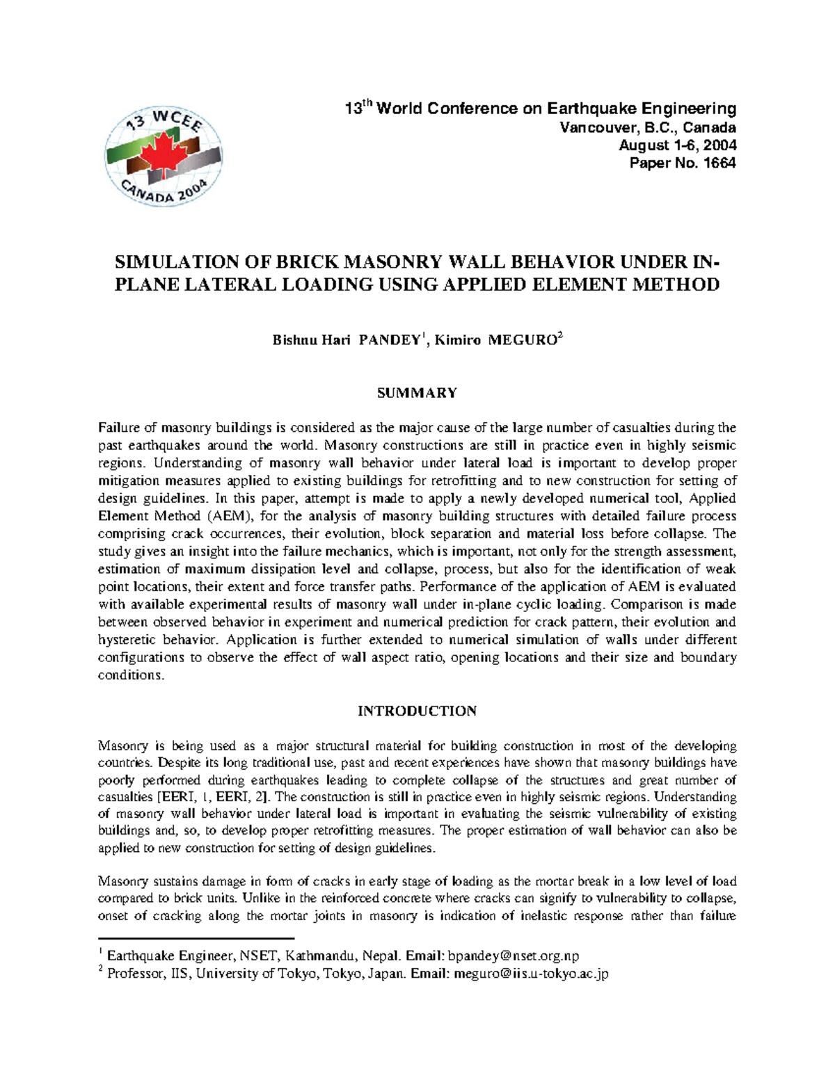 AEM Simulation of Brick Masonry Wall Behavior Under Lateral Load - 2004 ...