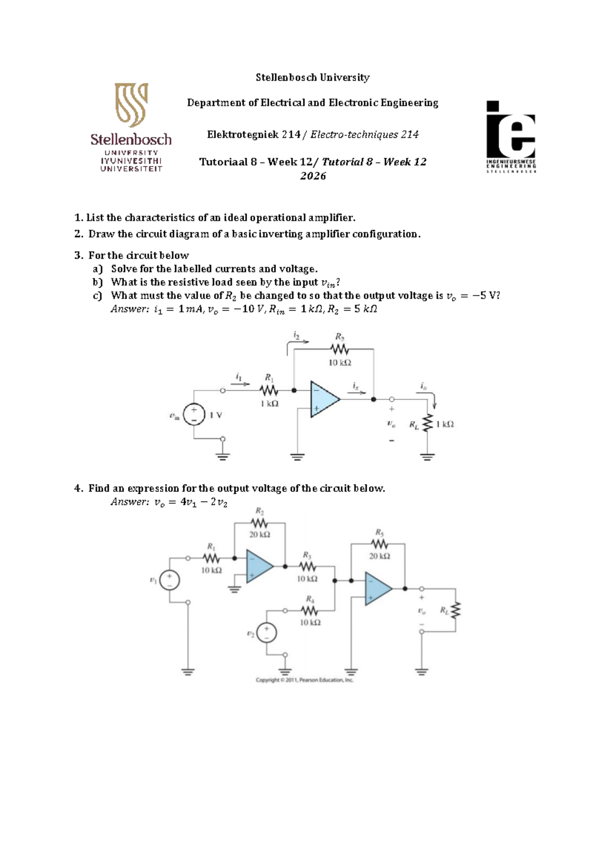 Elektrotegniek 214 Week 12 Tutorial 8: Op-Amp Analysis and Circuit ...
