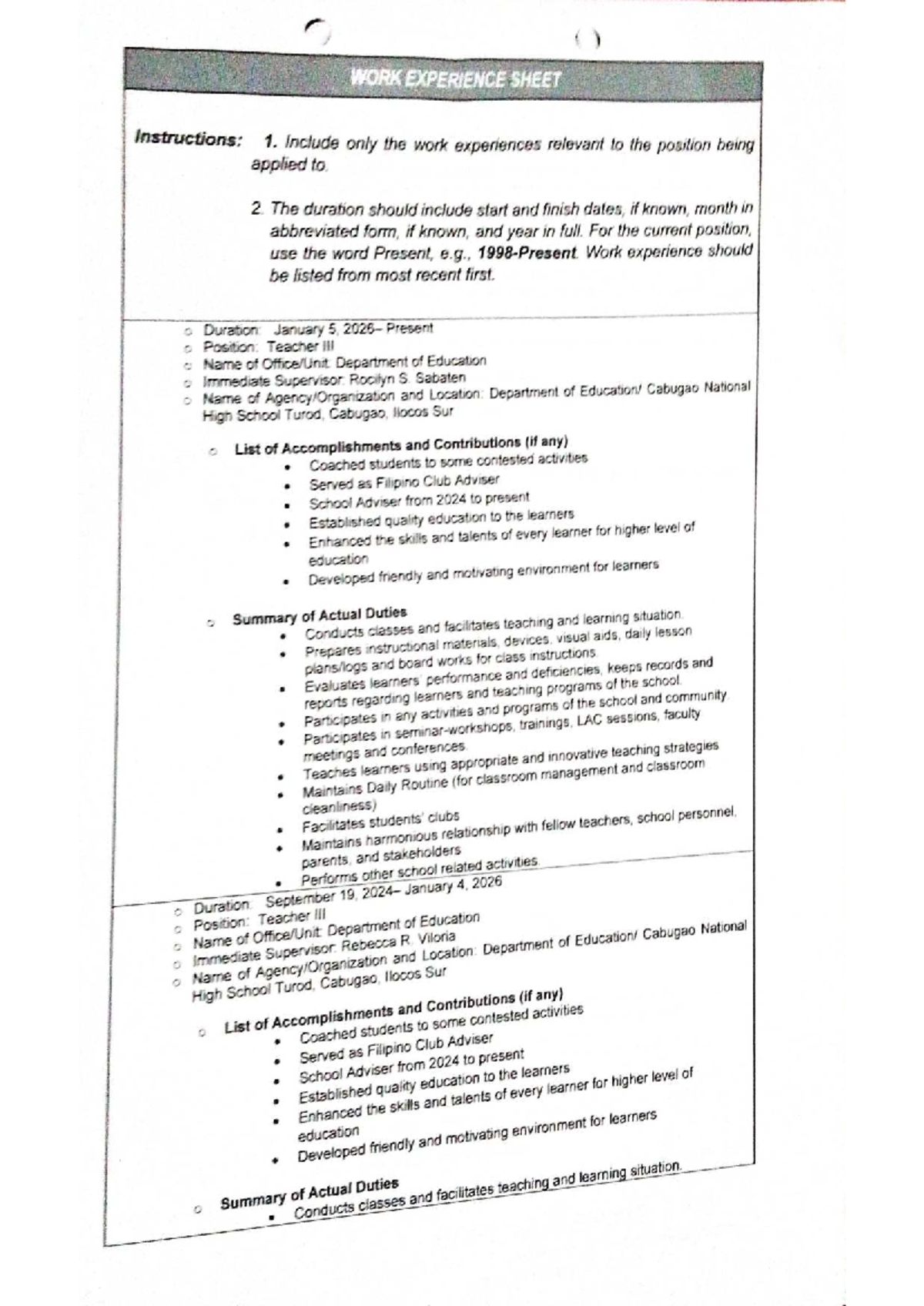 Fully Accomplished Work Experience Sheet for Teacher Position - Studocu
