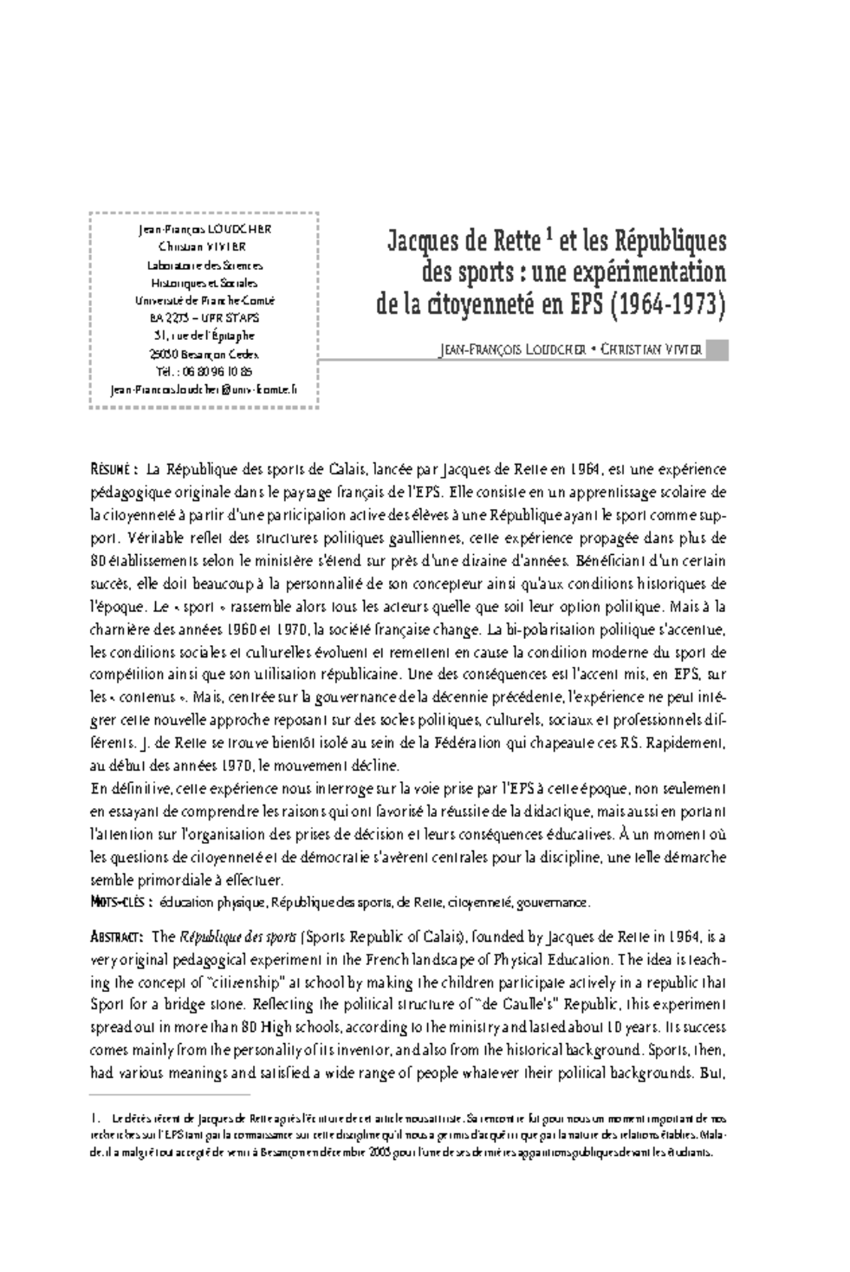 Jacques de Rette et les Républiques des Sports : Citoyenneté en EPS ...