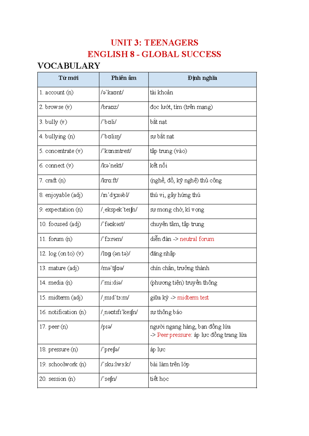 UNIT 3 Teenagers E8 - SUPPORT - UNIT 3: TEENAGERS ENGLISH 8 - GLOBAL ...