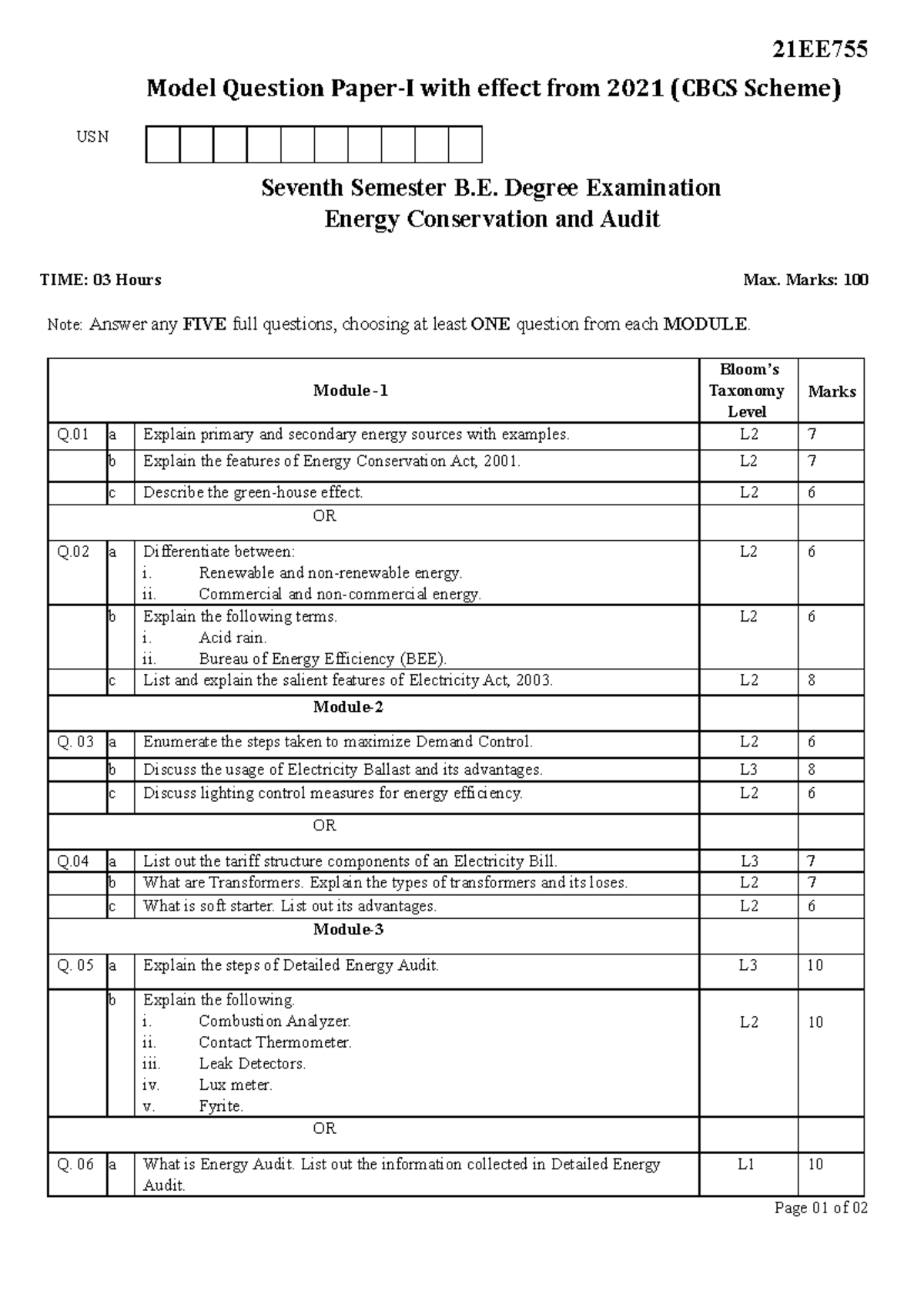 21EE755 - Model Question Paper for Energy Conservation Exam - Studocu