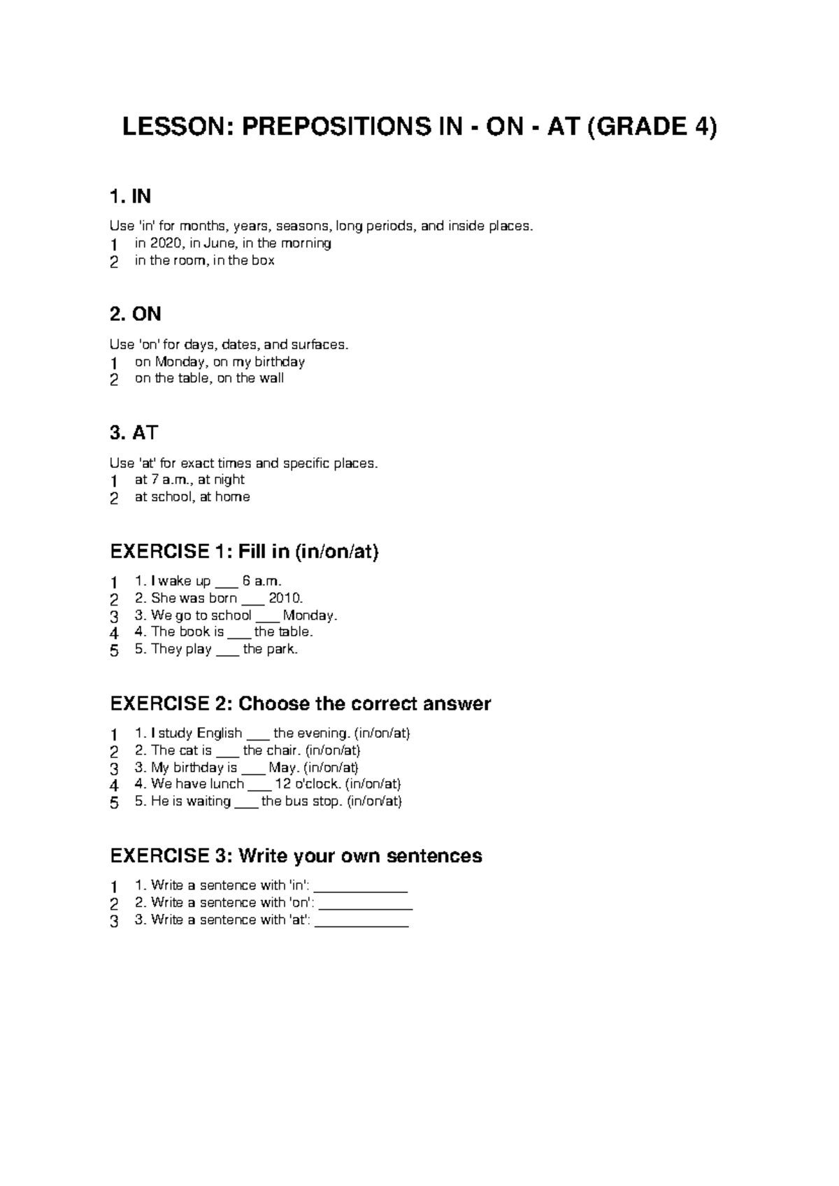 LESSON: PREPOSITIONS IN, ON, AT (GRADE 4) - Studocu