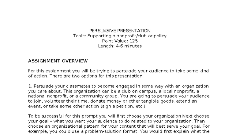 PERSUASIVE PRESENTATION ASSIGNMENT OVERVIEW (125 pts) - Studocu