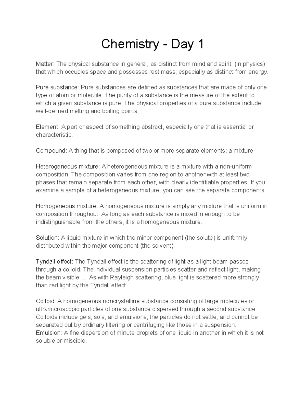 Chemistry 101: Day 1 - Understanding Matter and Mixtures - Studocu