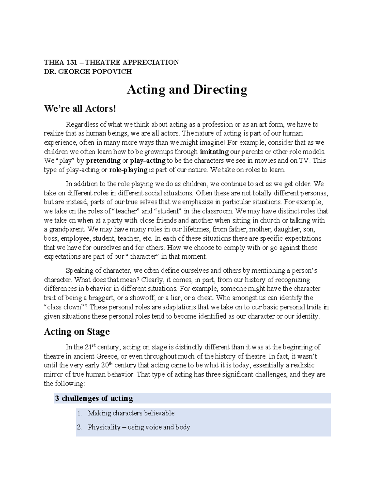 THEA 131: Challenges and Techniques in Believable Acting and Directing ...