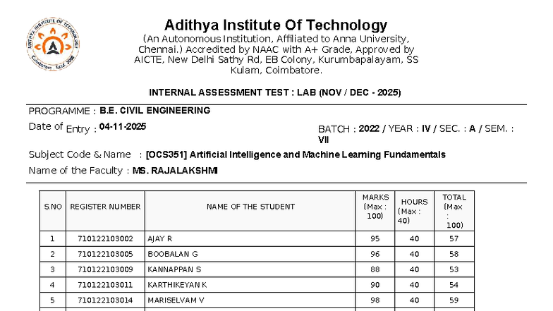 B.E. Civil Engineering Lab Assessment: AI & ML Fundamentals (Nov-Dec ...