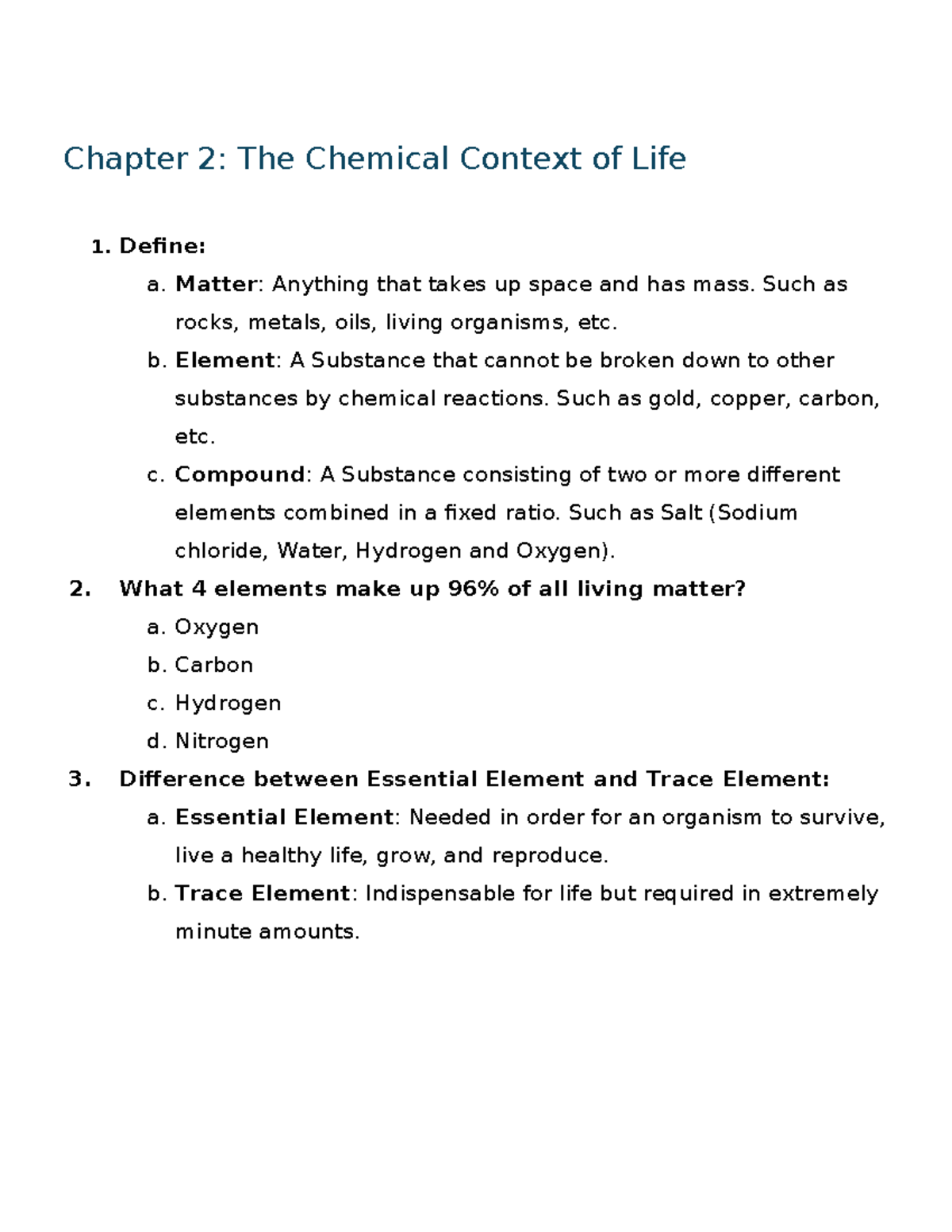 Chapter 2 & 4: The Chemical Context of Life & Carbon Diversity - Studocu