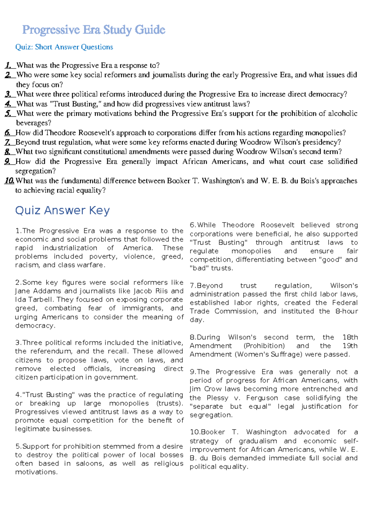 Progressive Era Study Guide Quiz: Key Concepts and Figures - Studocu