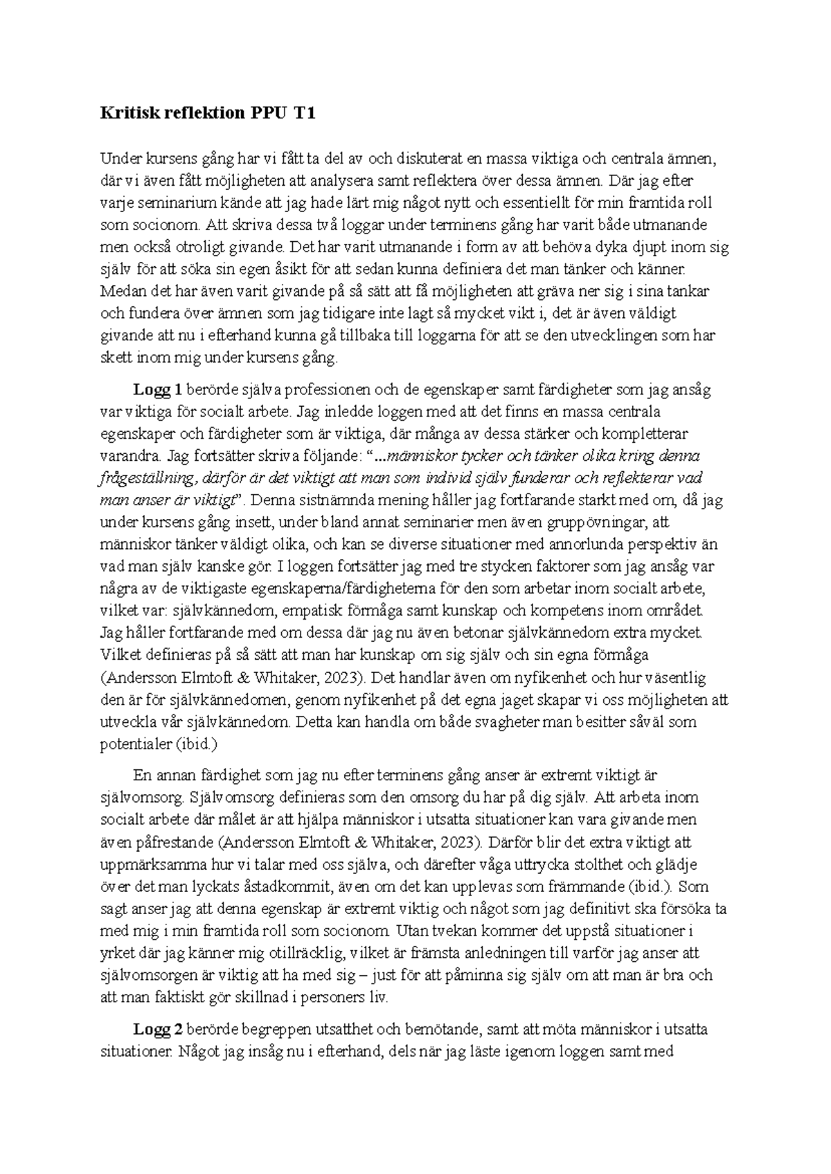 Kritisk Reflektion PPU: Insikter om Socialt Arbete och Utveckling - Studocu