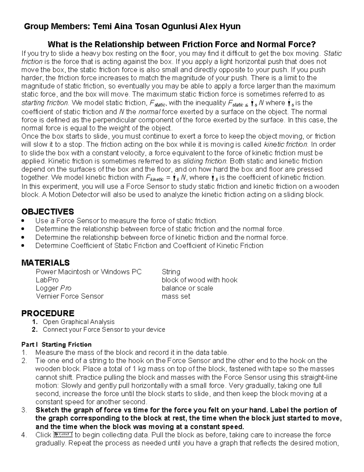 Friction Lab 2: Analyzing Static & Kinetic Friction Forces - Studocu