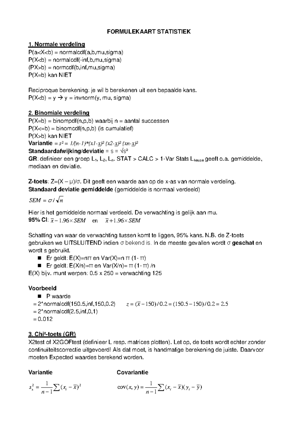 Formulekaart Statistiek (Stat 101): Belangrijkste Formules en Toetsen ...