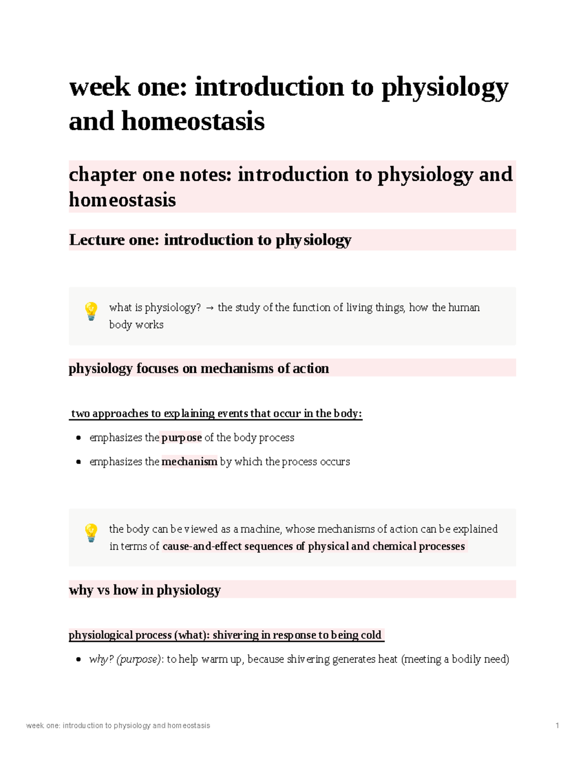 Introduction to physiology and homeostasis - week one: introduction to ...