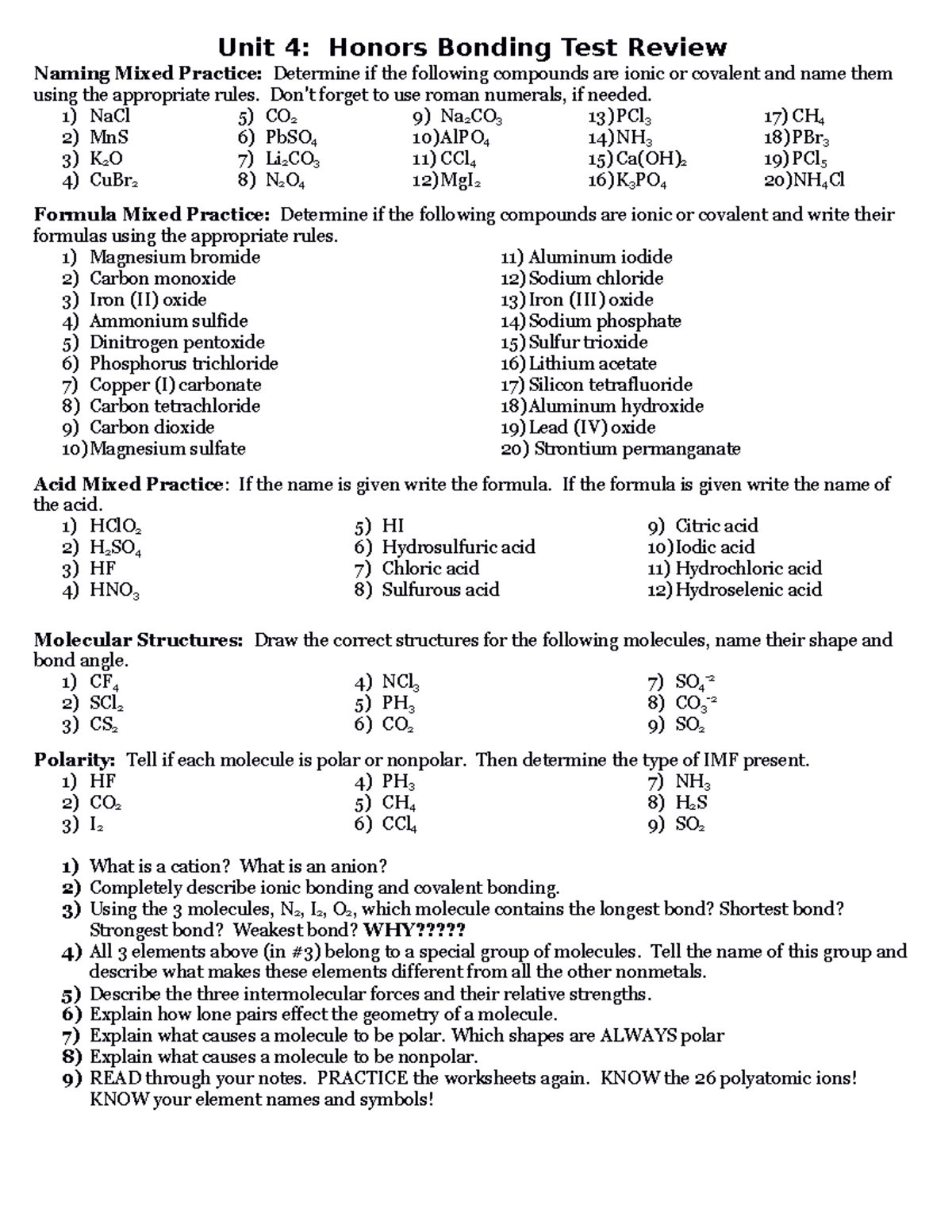 Honors Chemistry Unit 4: Bonding Test Review Guide - Studocu