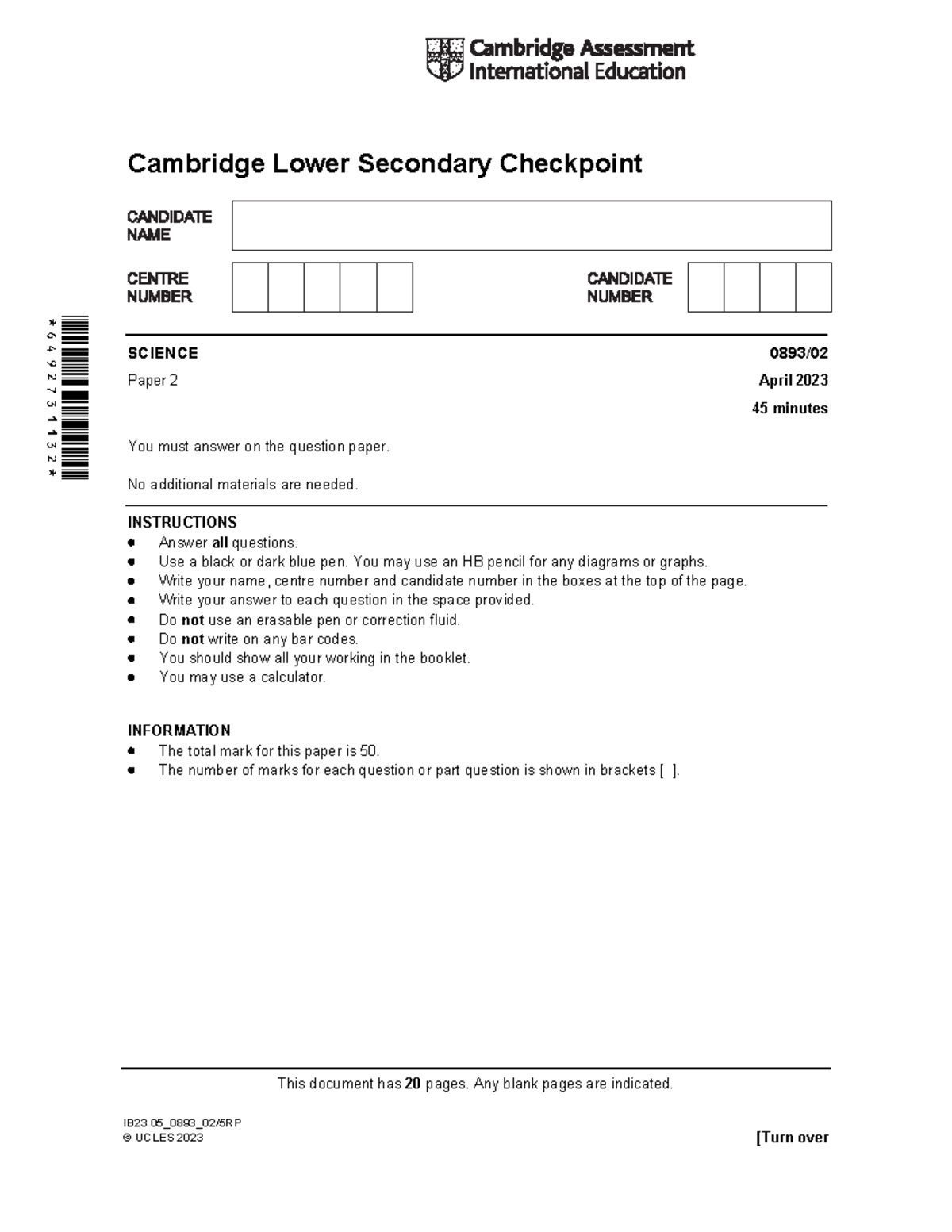 Cambridge Lower Secondary Science Checkpoint Paper 2 (0893) 2023 - Studocu
