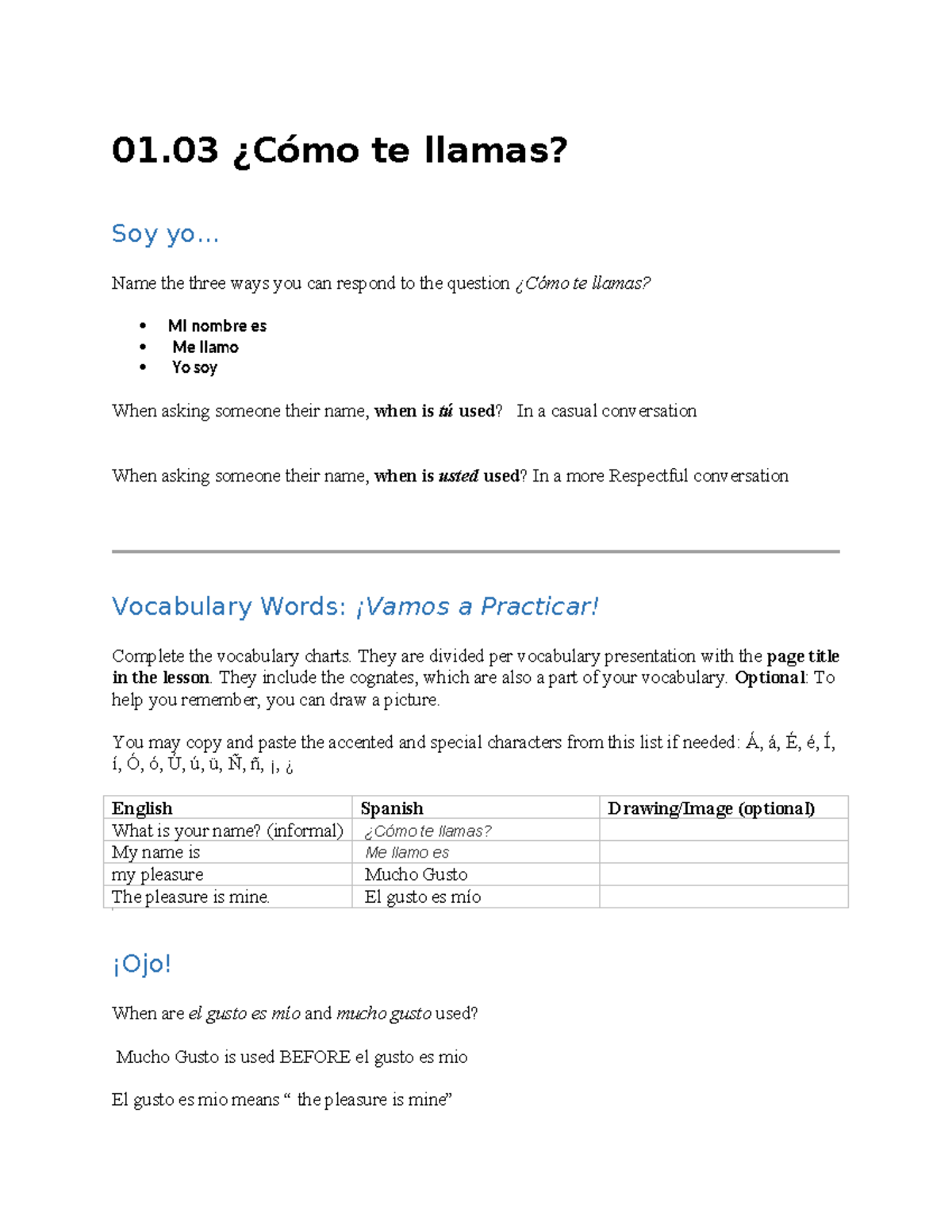 Spanish 1.03 Final Exam Notes: ¡Cómo te llamas! and Name Traditions ...
