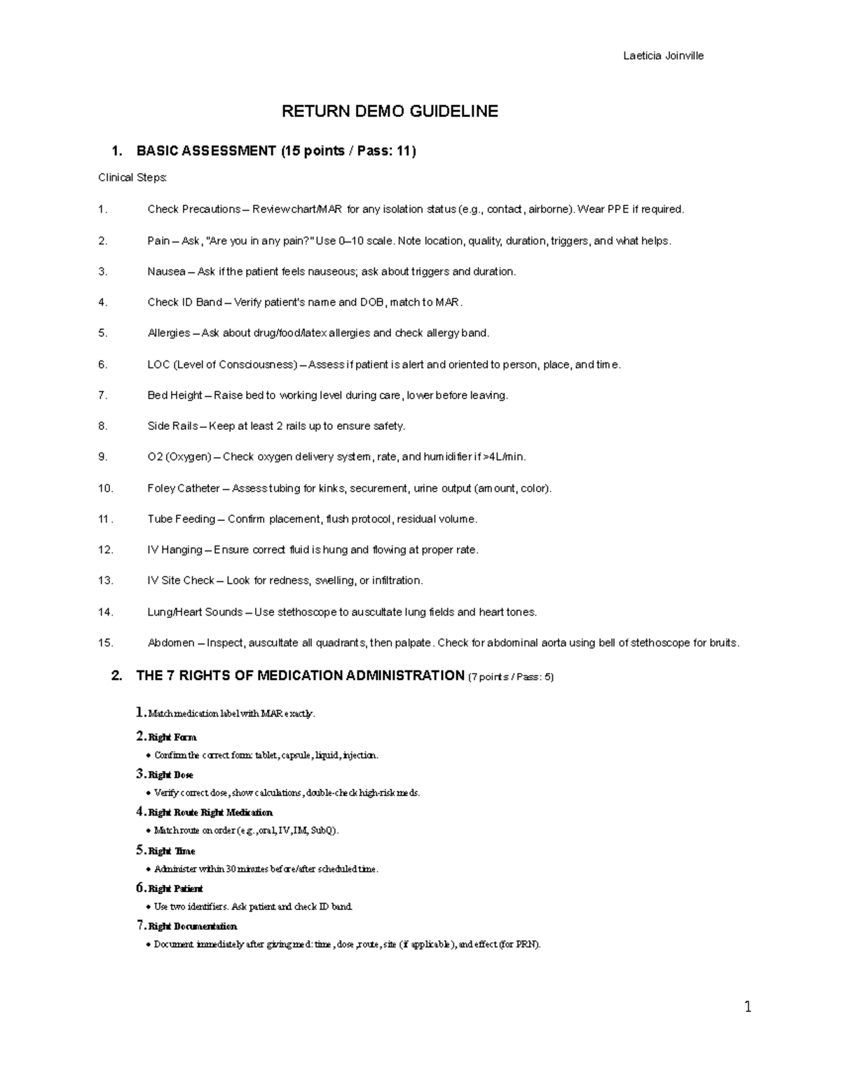 Clinical Skills Return Demo Guidelines: Basic Assessment & Med Admin ...
