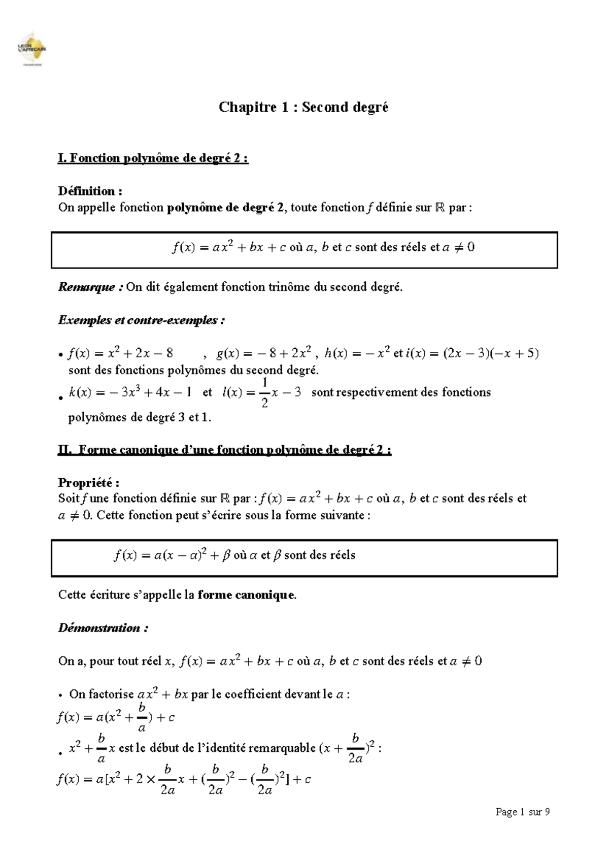 Chapitre 1 : Cours sur les Fonctions Polynômes de Degré 2 (1ERE) - Studocu