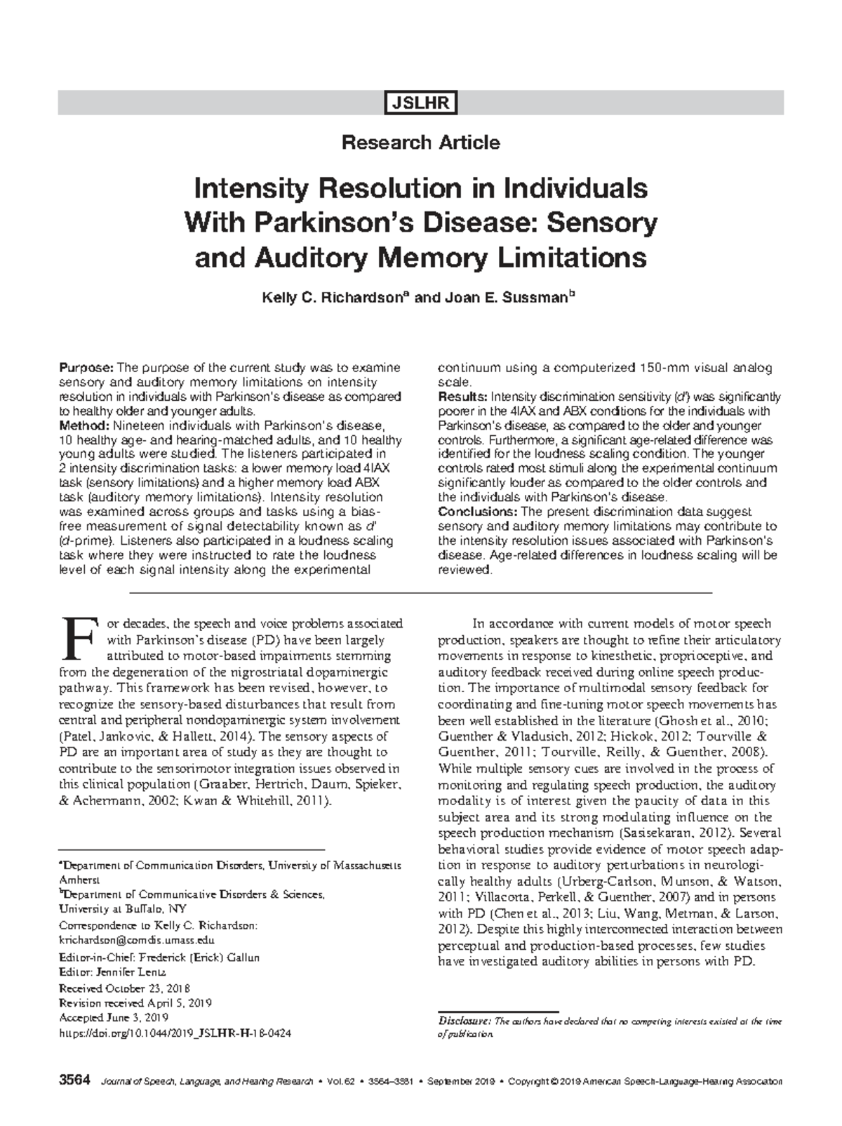 JSLHR Research Article: Intensity Discrimination & Auditory Memory in ...