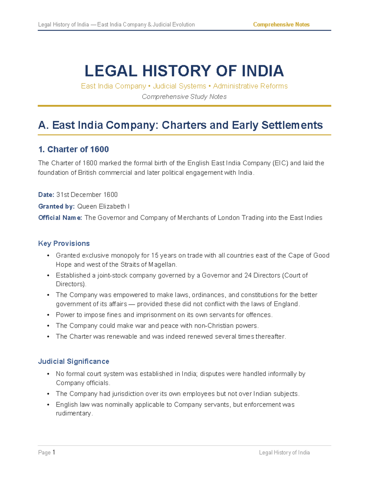 Legal History of India: East India Company Judicial Evolution Notes ...