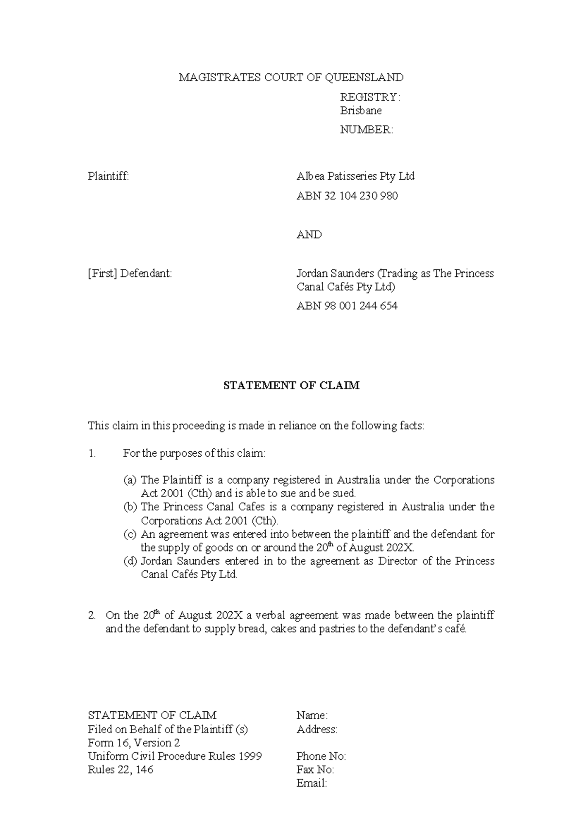 TASK 1.3: DRAFT ASSIGNMENT - STATEMENT OF CLAIM IN COURT - Studocu