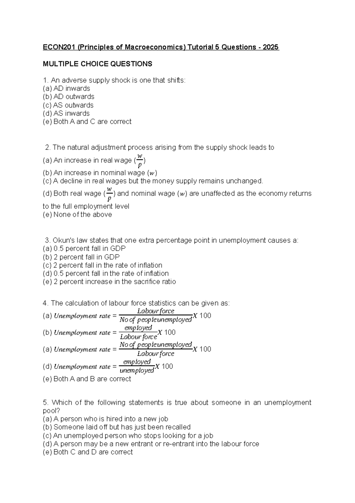 2025 ECON201 Principles of Macroeconomics Tutorial 5 MCQ & Written ...