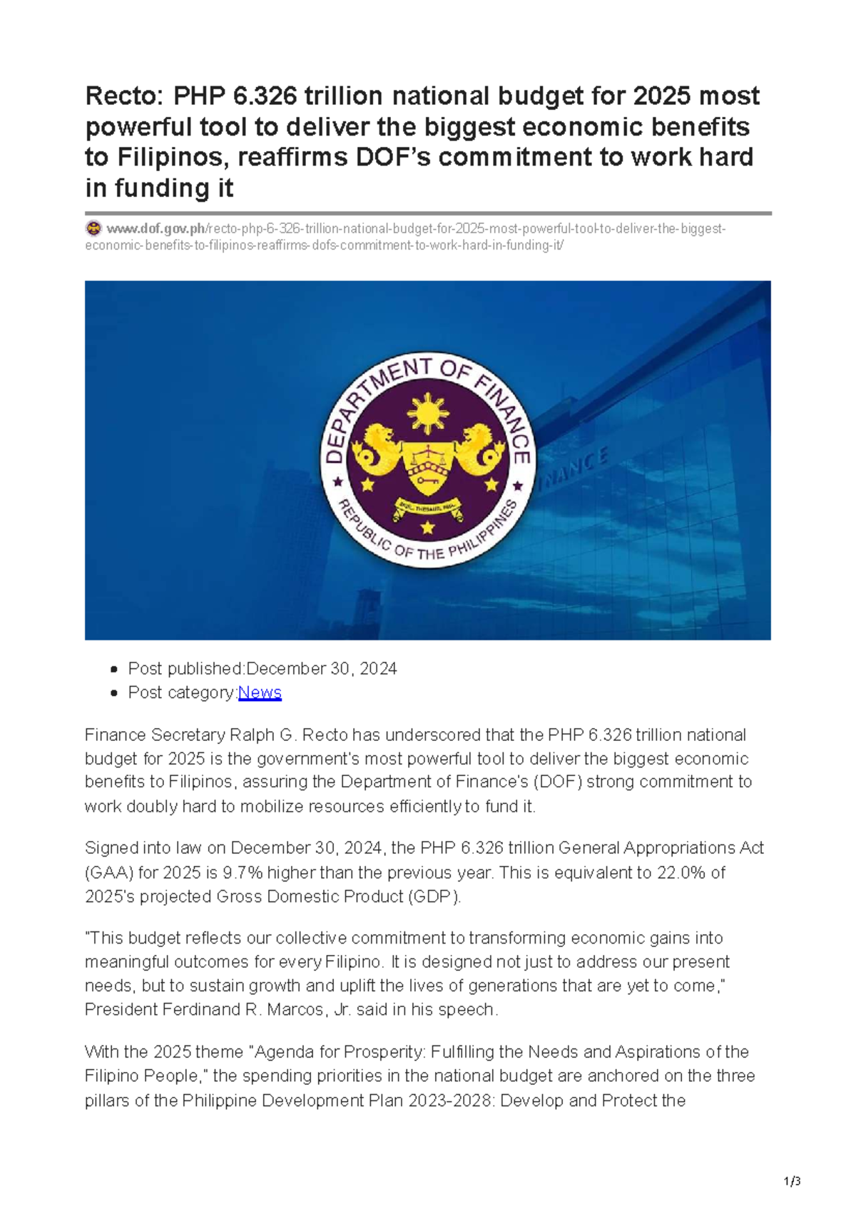 PHP 6.326 Trillion National Budget 2025: Key to Economic Growth - Studocu