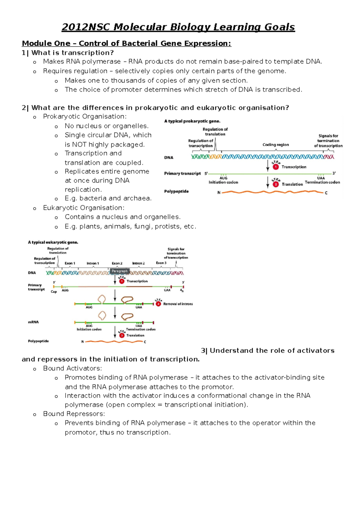 2012 NSC Molecular Biology Learning Goals: Gene Expression Control ...