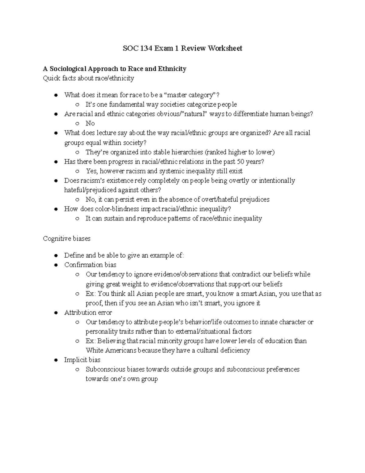 SOC 134 Exam 1 Comprehensive Study Guide on Race and Ethnicity - Studocu