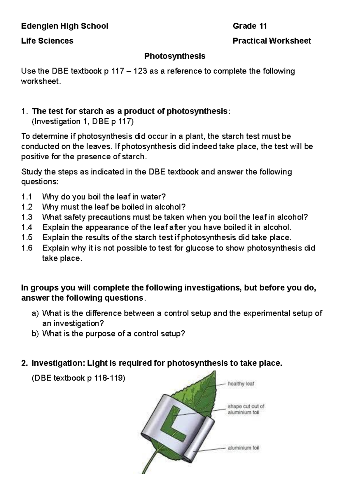 Edenglen High School Grade 11 Life Sciences: Photosynthesis Practical ...