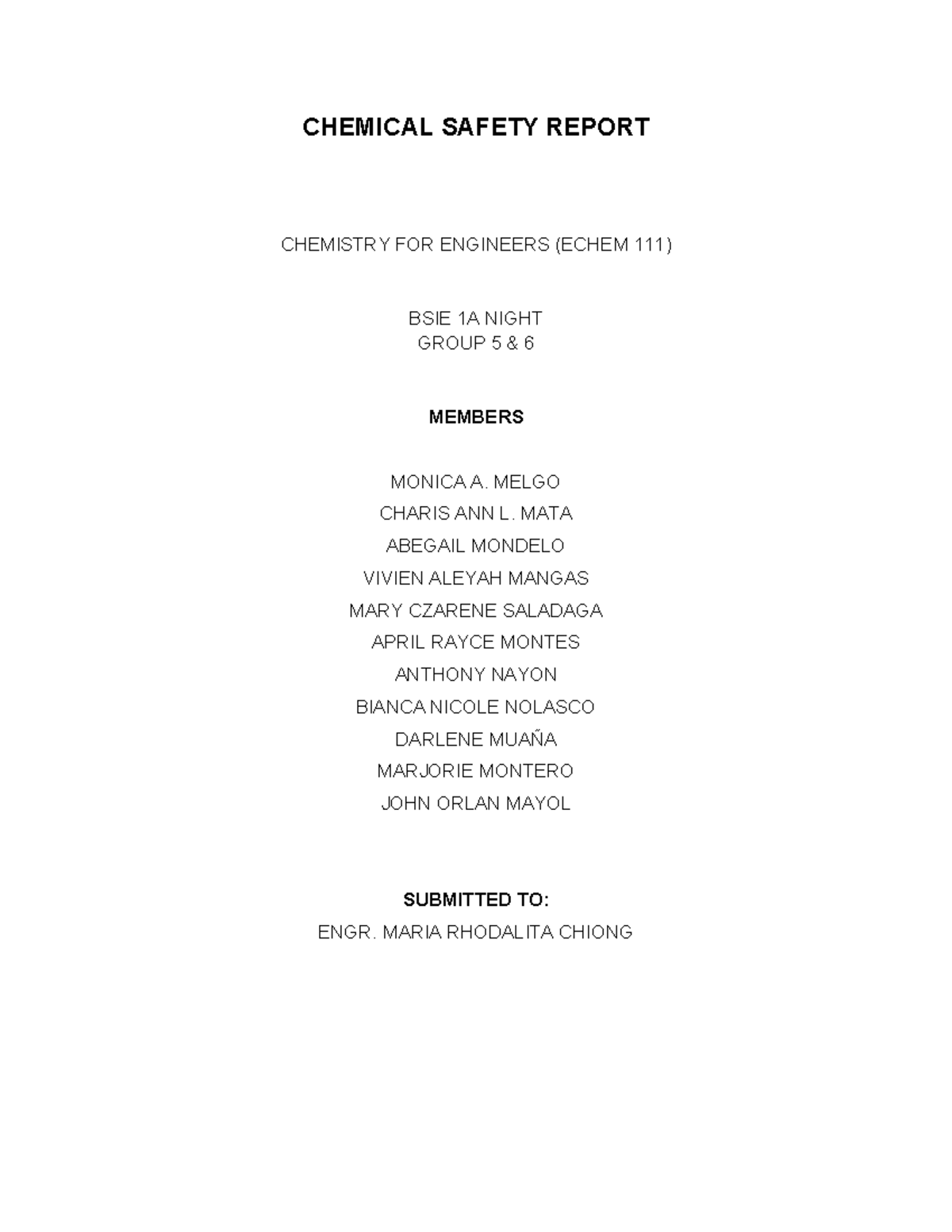 Chemical Safety Report - CHEMICAL SAFETY REPORT CHEMISTRY FOR ENGINEERS ...