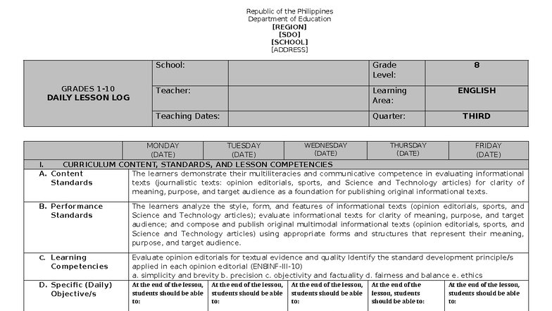 E8-Q3-W5: Daily Lesson Log for English Grade 8 - Quarter 3, Week 5 ...