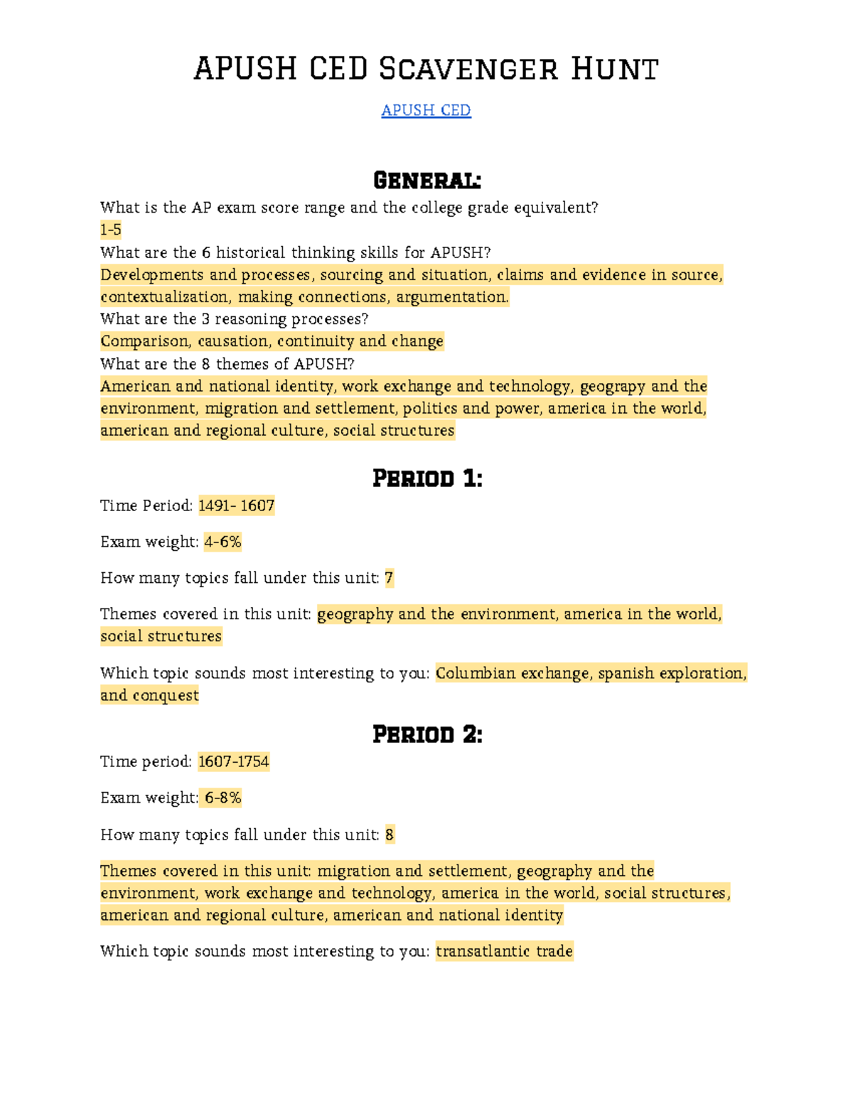 APUSH CED Scavenger Hunt: Key Exam Insights and Thematic Overview - Studocu