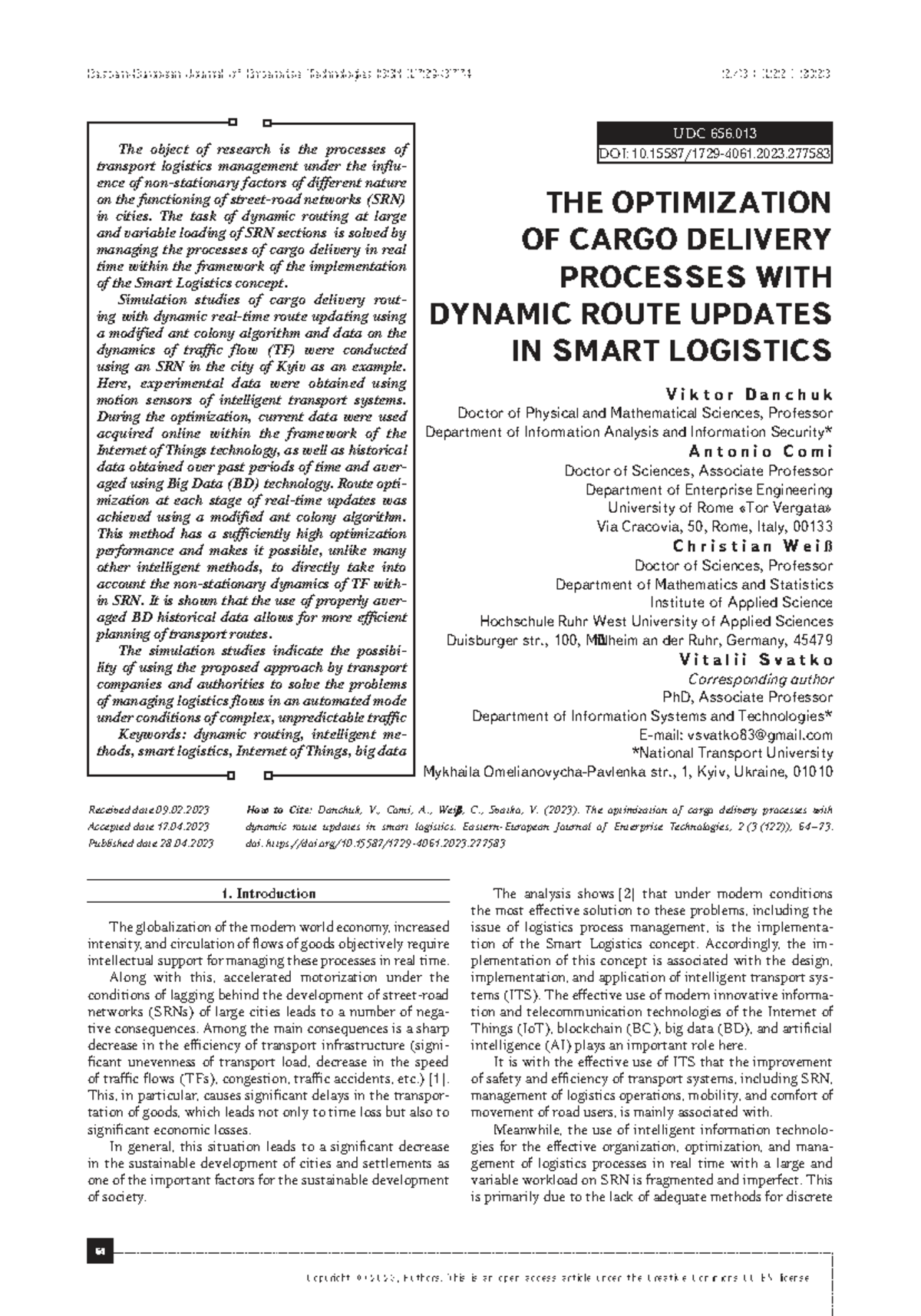 Optimization of Cargo Delivery with Dynamic Routing in Smart Logistics ...