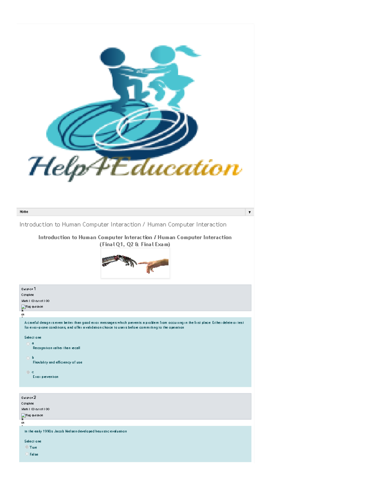 Intro to human finals - Answers - Introduction to Human Computer Interaction / Human Computer ...