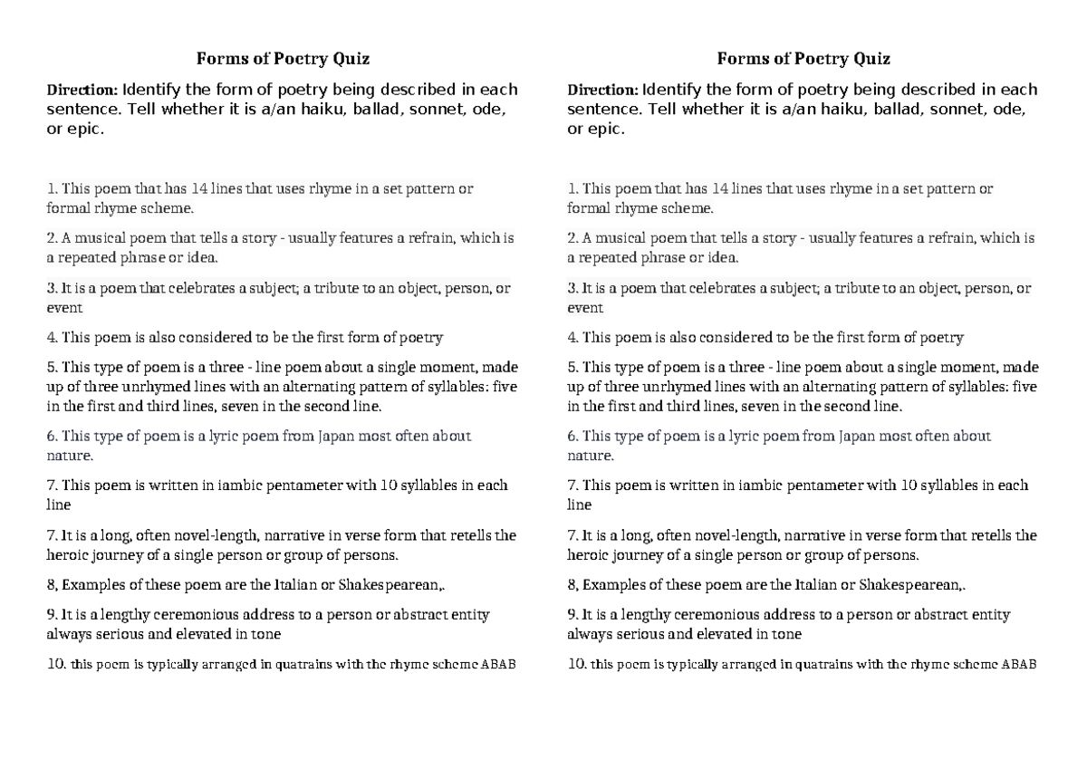 Forms of Poetry Quiz (ENG101) - Studocu