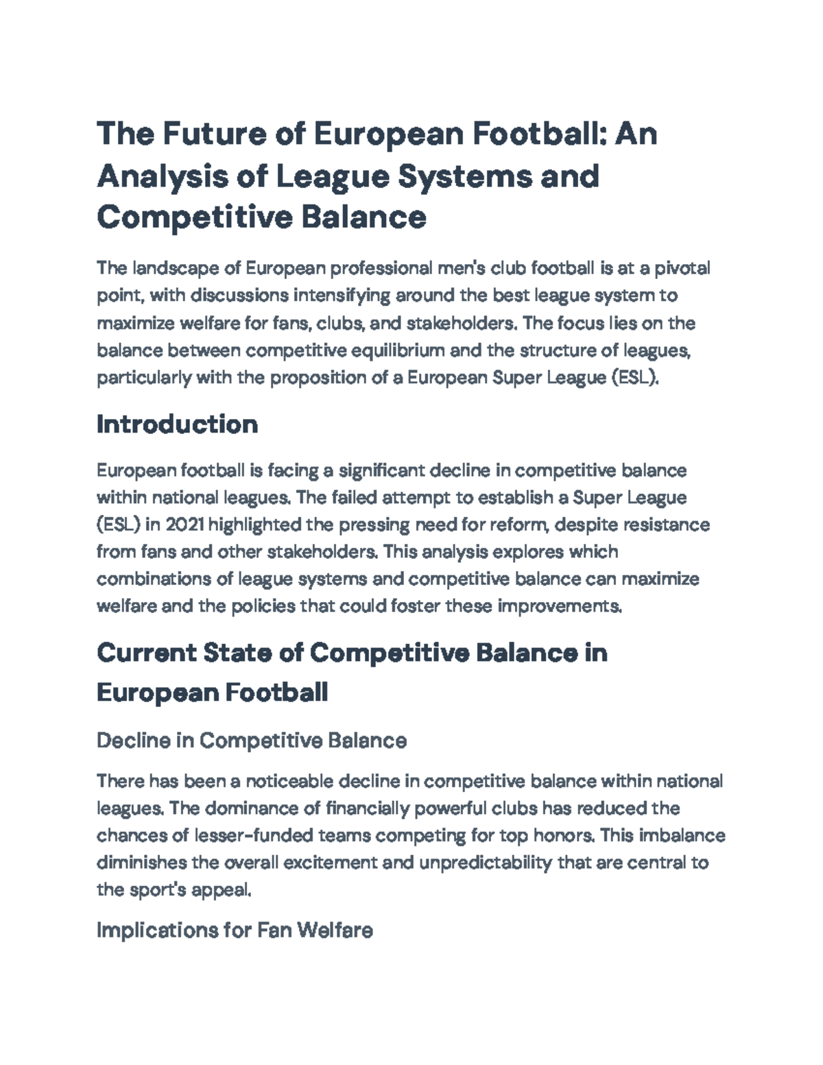 Analysis of Competitive Balance in European Football Leagues: ESL ...