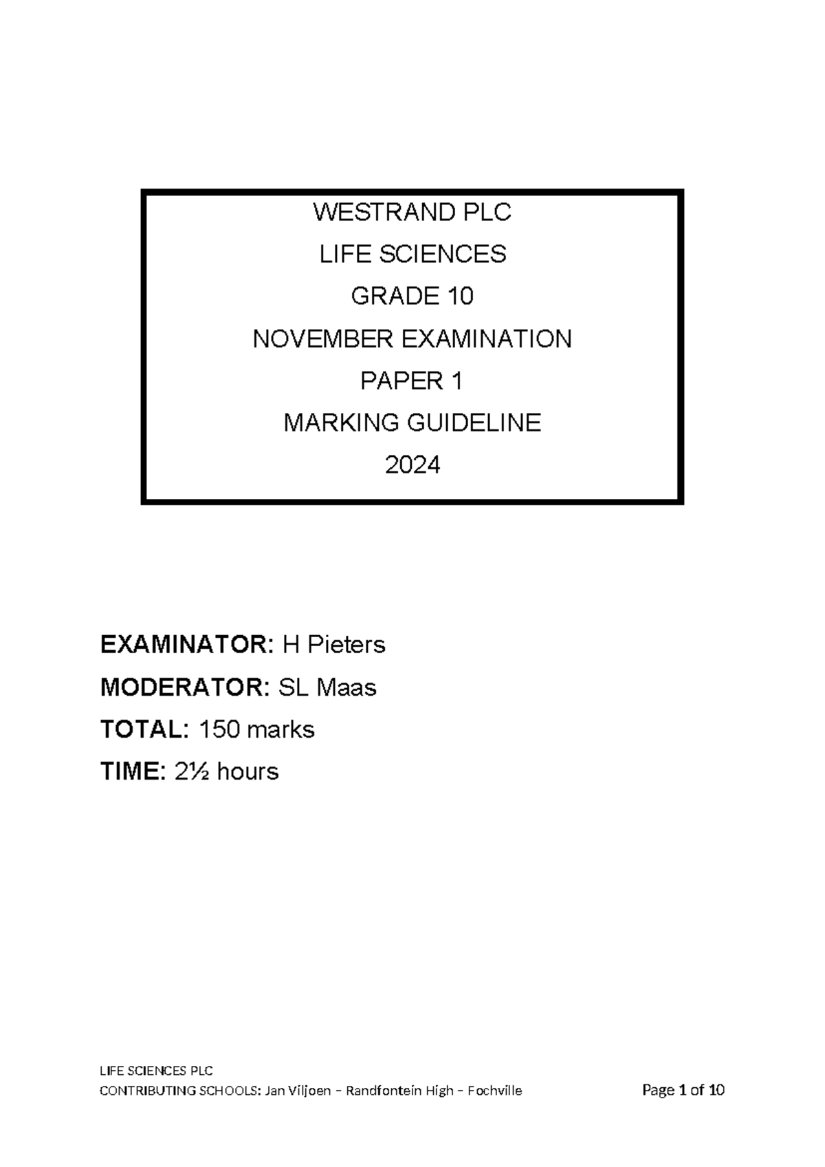 P1 GR 10 LS MG NOV 2024 - Life Sciences Exam Marking Guide - Studocu