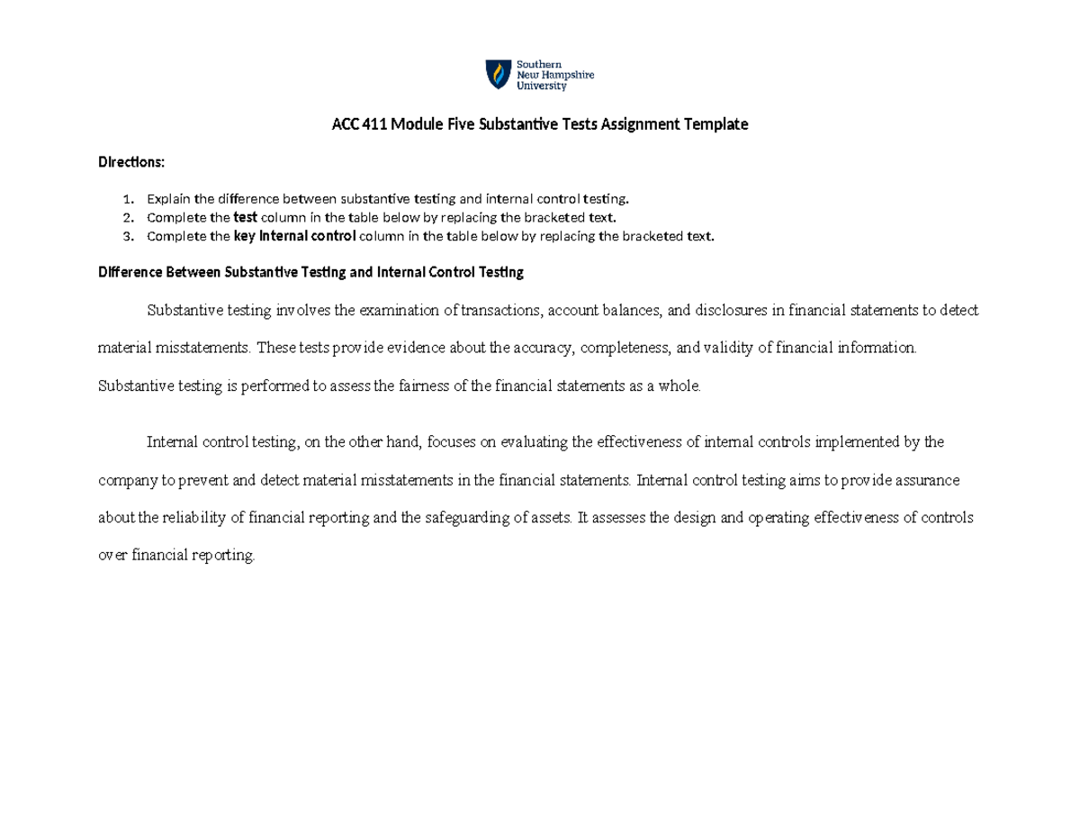 ACC 411 Module 5 Substantive Tests & Internal Control Analysis Template ...