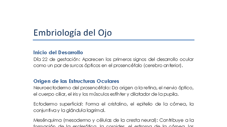 Embriología del Ojo y Desarrollo de Sistemas (Apuntes) - Studocu