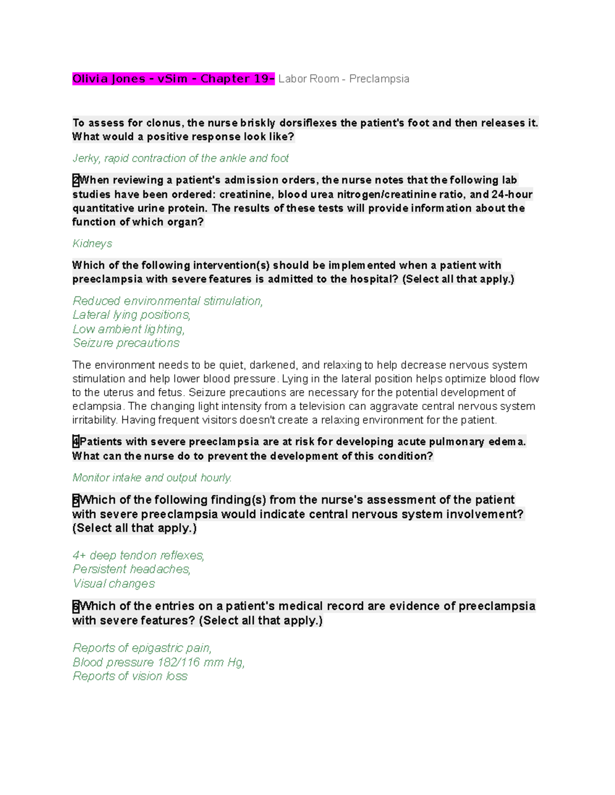 Olivia Jones - vSim - Chapter 19: Nursing Care for Preeclampsia - Studocu