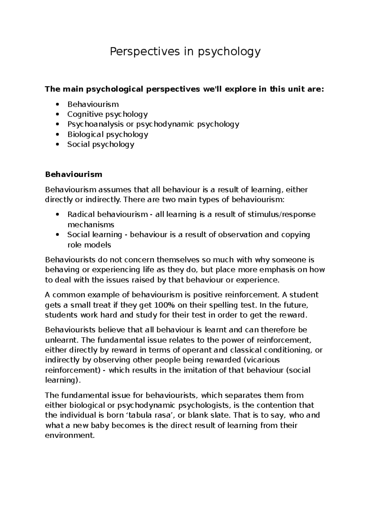 Psychology Perspectives: Behaviourism, Cognition & More - Studocu