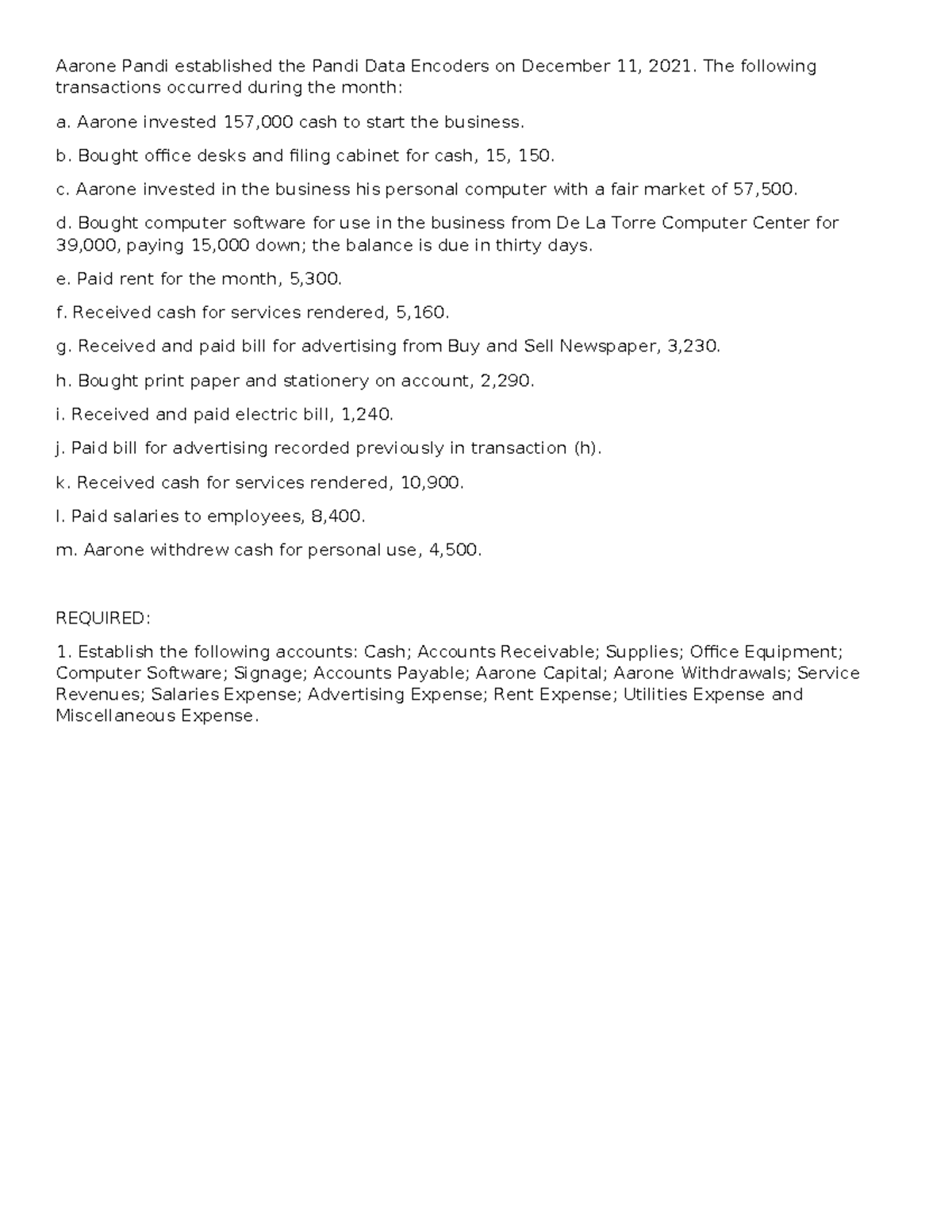 Journal T-Account Trial Balance for Pandi Data Encoders (Sample Class ...