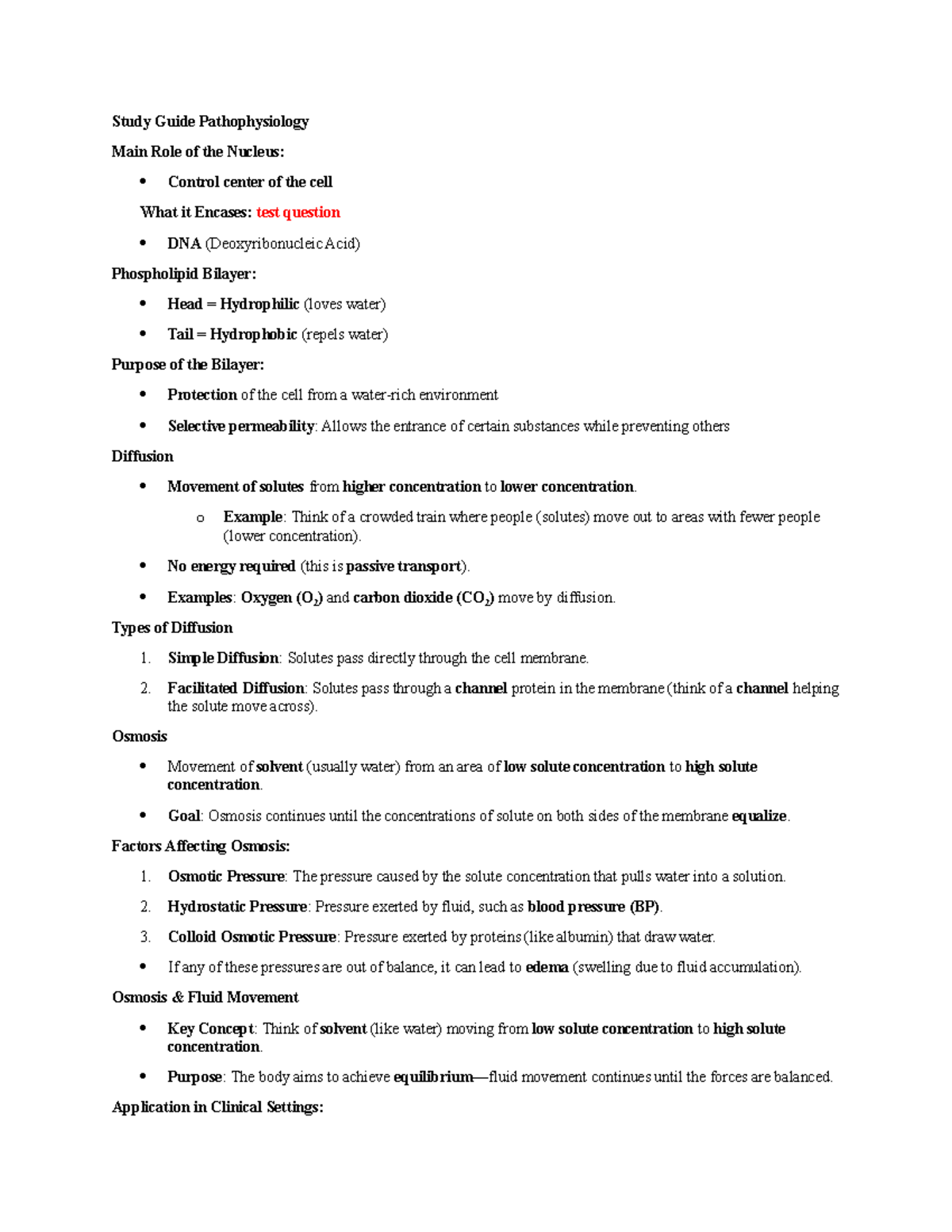 Exam 1 patho guide: main concepts of cell function and transport - Studocu