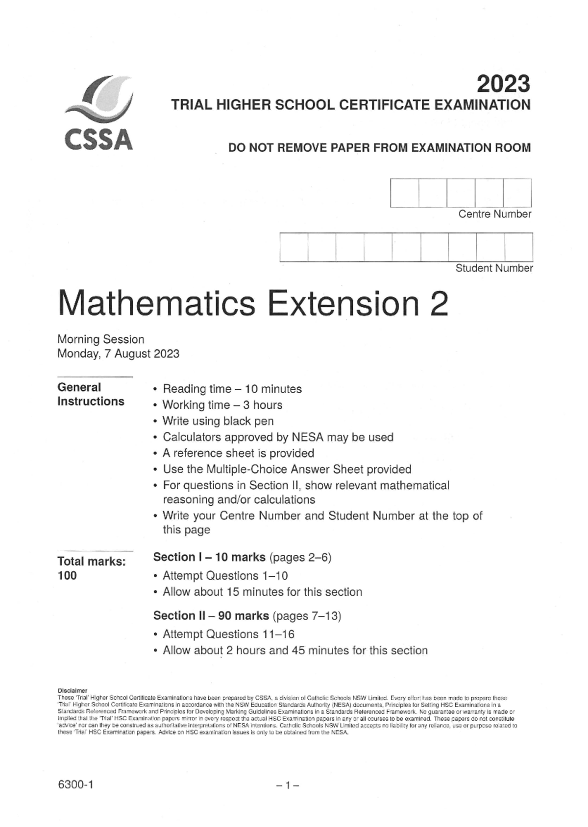2023 CSSA Mathematics X2 Trial Exam Paper and Instructions - Studocu